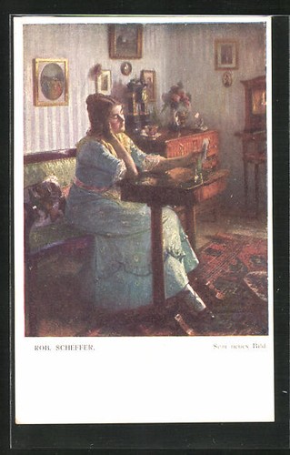 Künstler-AK Robert Scheffer: junge Frau schaut sich ein Bild des ...