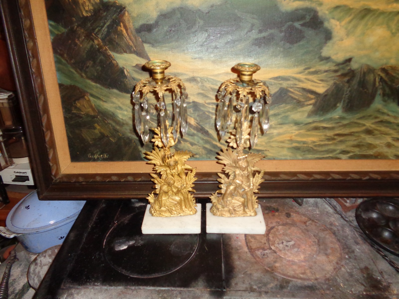 Pr Antique GIRANDOLES 19th C. Fire gilt Brass with Prisms:15 1/2 tall ...