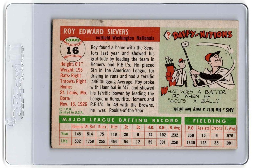 1955 Topps Stain Roy Sievers Washington Senators #16 | eBay