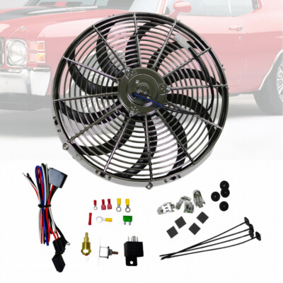 16" Chrome S Blade HD Electric Radiator Cooling Fan w/ Thermostat Relay ...