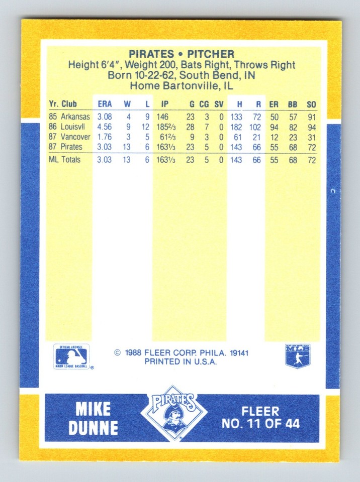 MIKE DUNNE RC 1988 FLEER BASEBALL MVP PIRATES | eBay