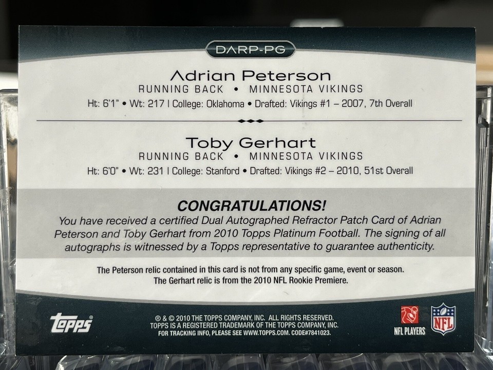 2010 Topps Platinum Adrian Peterson Toby Gerhart Dual Auto Patch 25/25 ...