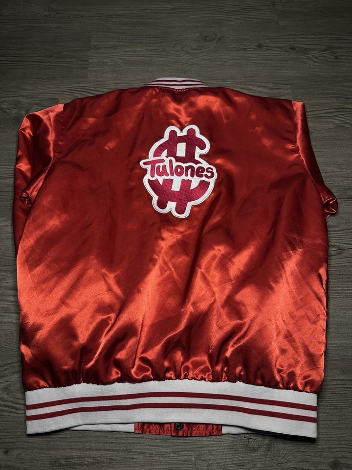 Tulones Jacket Men’s Size Large Red Satin Bomber Snap Button Logo Mesh ...