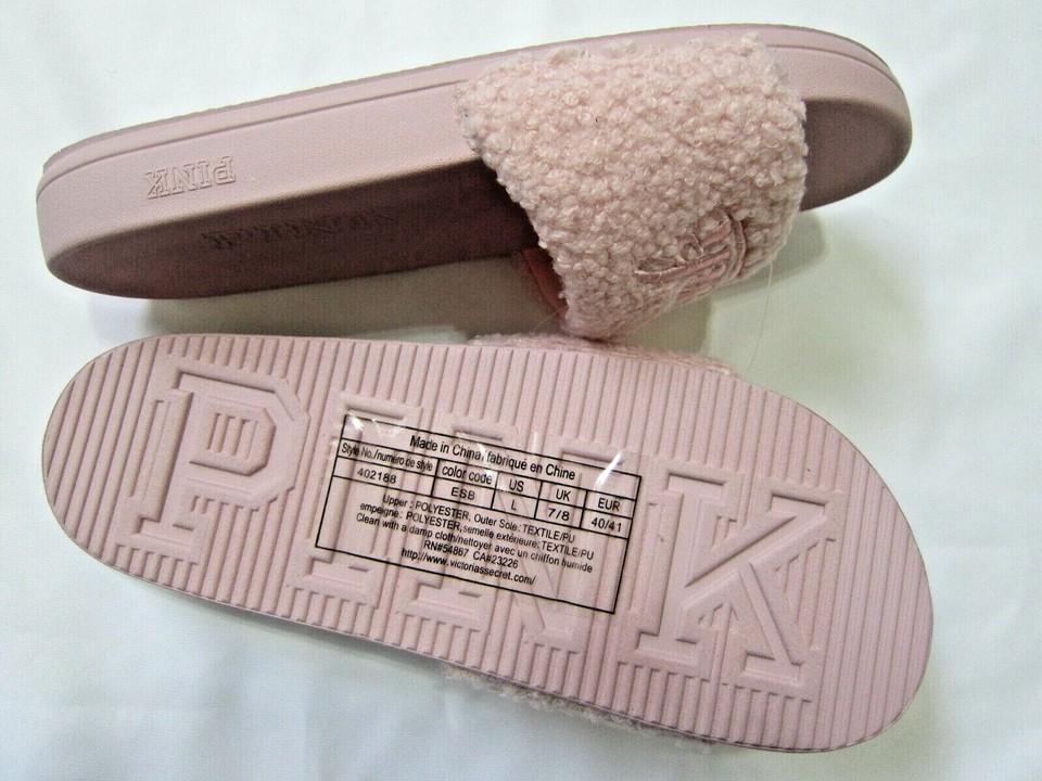 Victoria Secret Pink SHERPA CHALK ROSE Single Strap BEACH SLIDES SANDAL ...