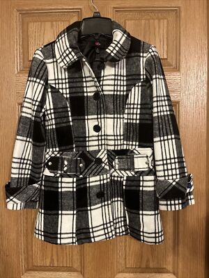 Girls Dress Coat Black And White Plaid Size M 10-12 Soft Lined Button ...