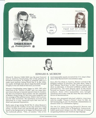 1994 US First Day Cover 29 Cent Edward R. Murrow Stamp, Jan.21, 1994 ...