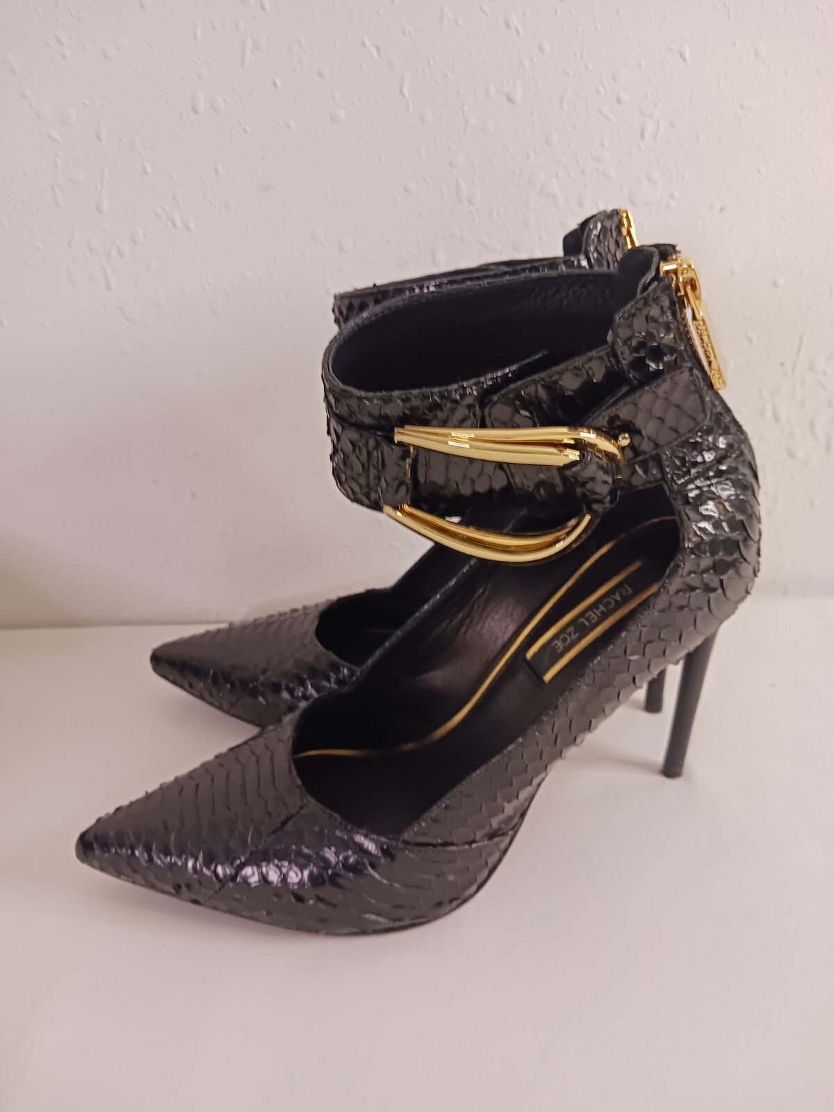 Rachel Zoe Heels Stilleto 7.5 Ankle Strap Black & Gol… - Gem