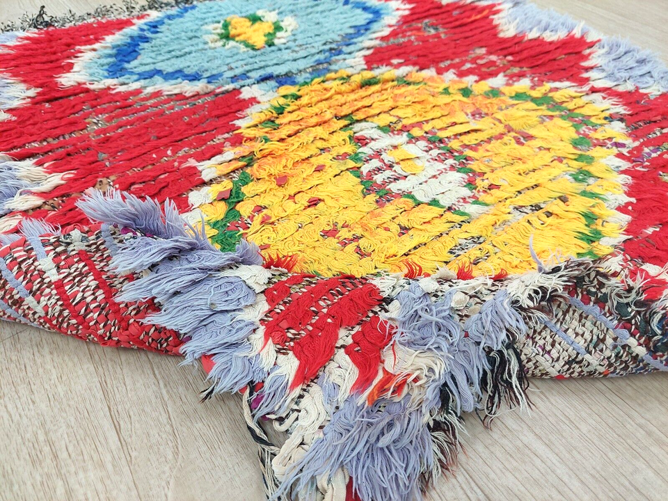 Vintage Moroccan Small Square Rug 2.6x2.6 Colorful Geometric Cotton Red ...