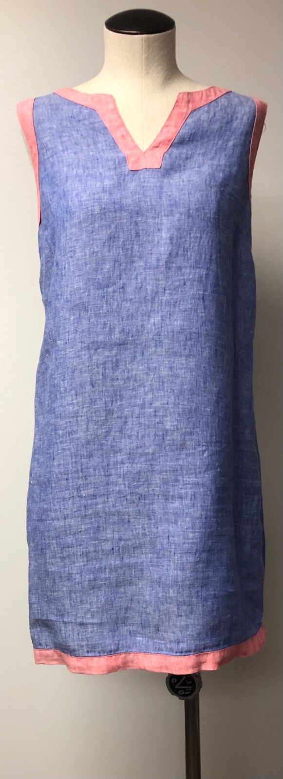 SIGRID OLSEN BLUE W PINK TRIM 100% LINEN KNEE LENGTH V-NECK DRESS ...