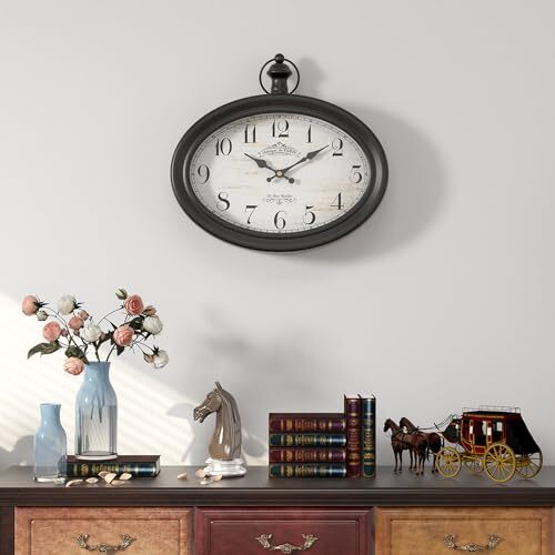 Retro Oval Wall Clock. Black Vintage Antique . Battery Operated Silent ...