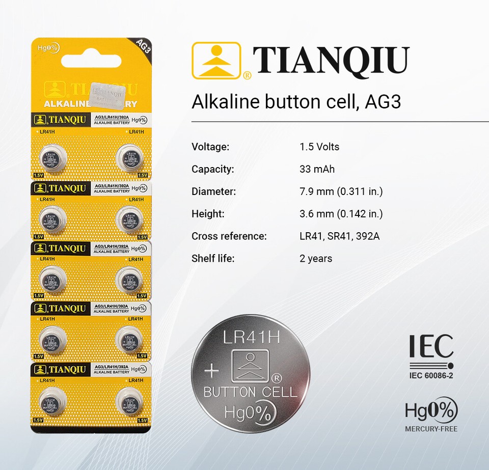 Tianqiu LR41H AG3 392A Alkaline 1.5V Button Cell Batteries (20 Pack) | eBay