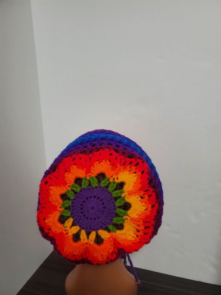 Rainbow Crochet Flower Tam Slouch Hat With Drawstring Handmade One Size ...