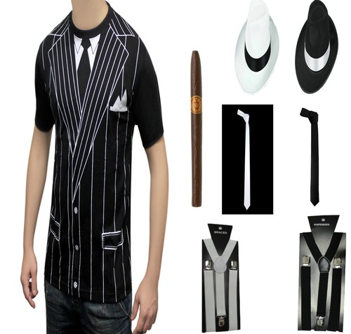 Adult Vintage Gangster Boss Fancy Dress Accessories T-Shirt,Hat,Braces ...