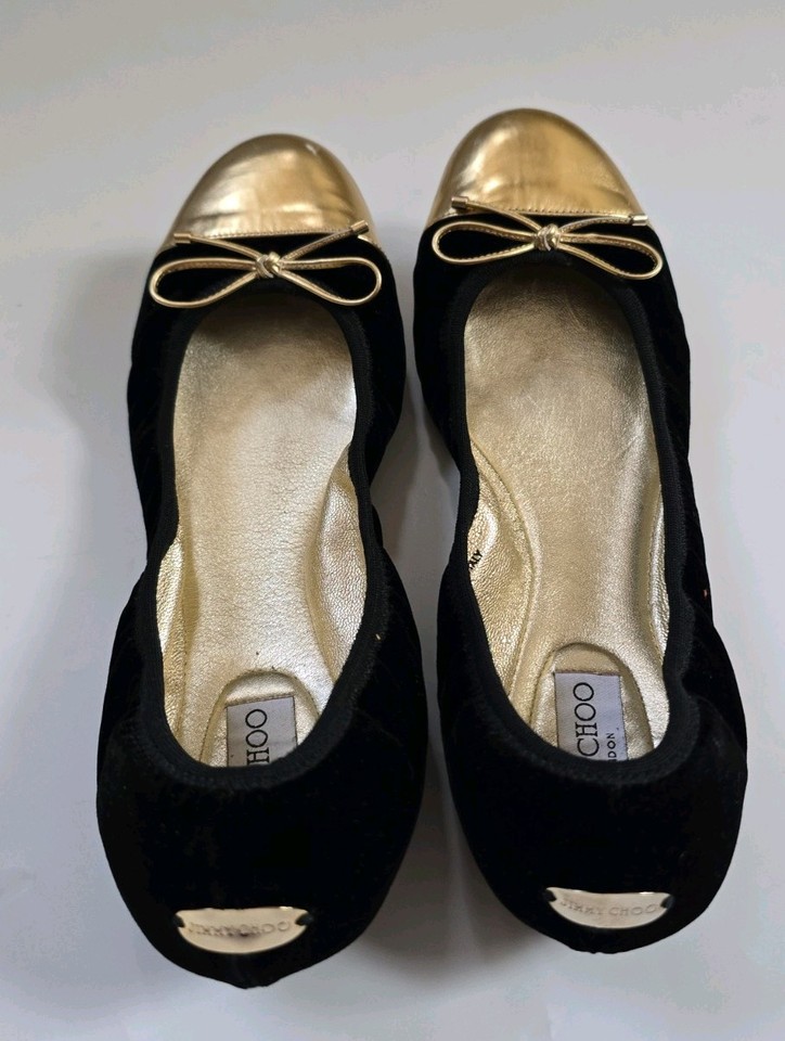 Jimmy Choo Black Velvet Gold Leather Ballet Flat Shoes Size EU 40 UK 7 ...