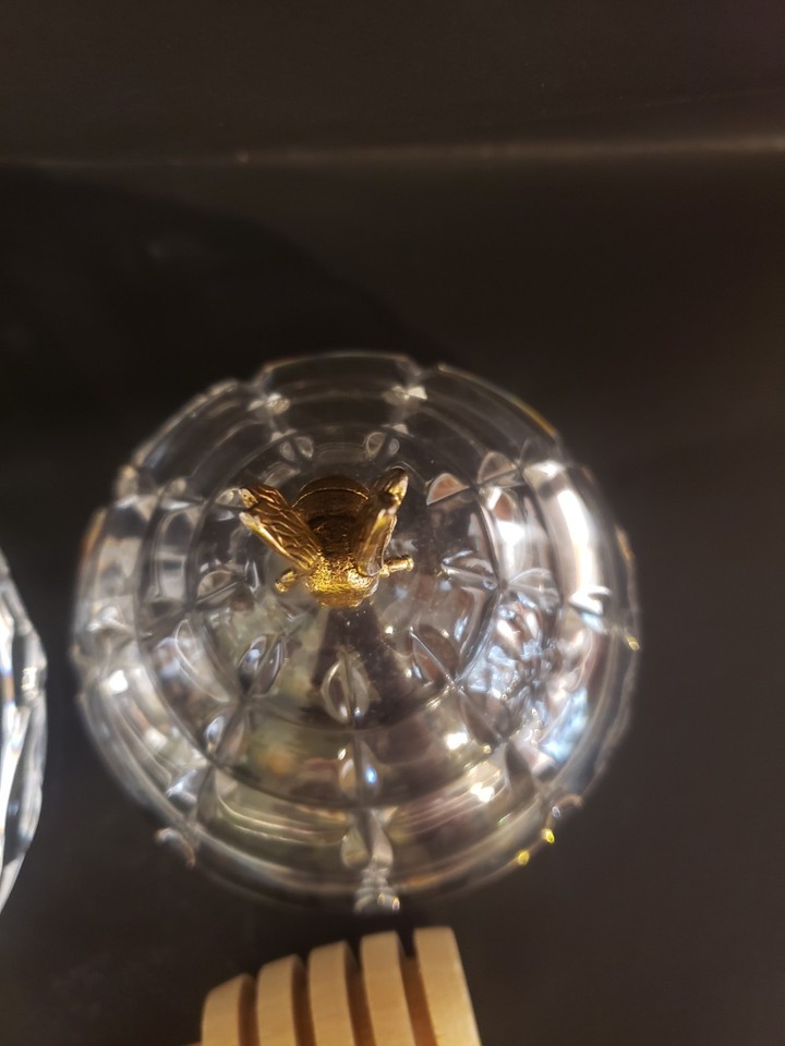 Crystal Gorham Beehive Honey Pot With Gold Plated Bee And Wooden Honey ...