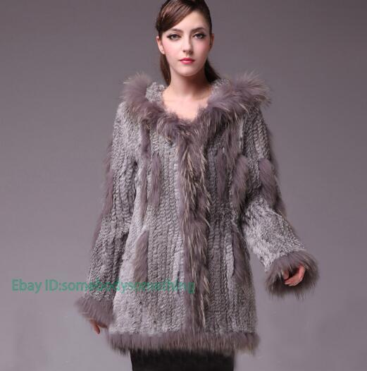 100% Real Genuine Knitted Rabbit Fur Fox Hood Warm Women Outwear Coat ...