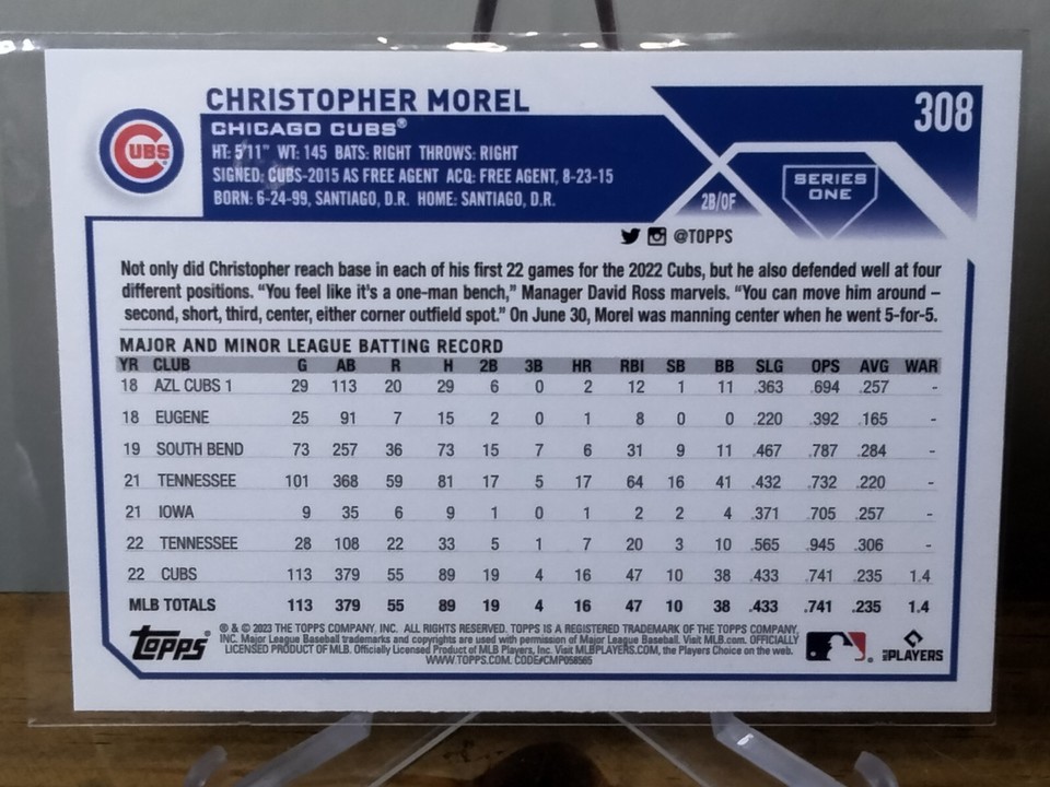 CHRISTOPHER MOREL 2023 Topps Series One ROOKIE CARD #308 Chicago Cubs ...