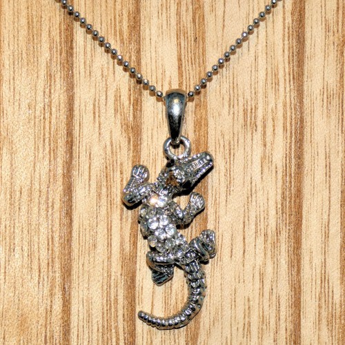 Rhinestone Alligator Crocodile Pendant Necklace Lizard Silver Tone Ball ...