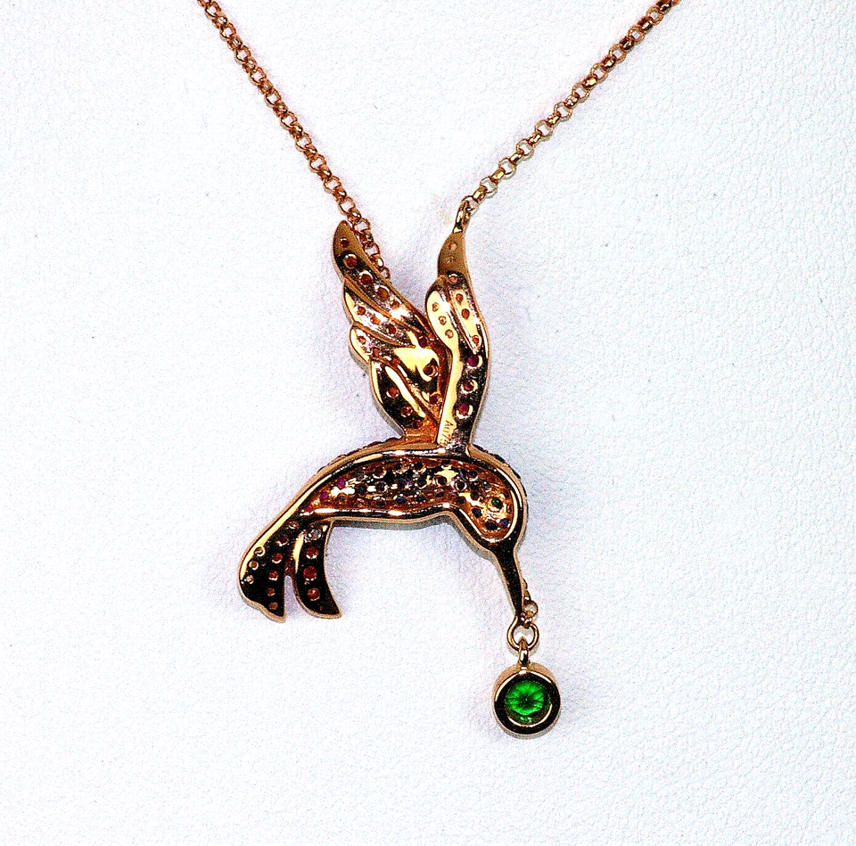 18K, HUMMINGBIRD BIRD, PENDANT, DIAMOND, RUBY, MULTI GEM SAPPHIRE ...