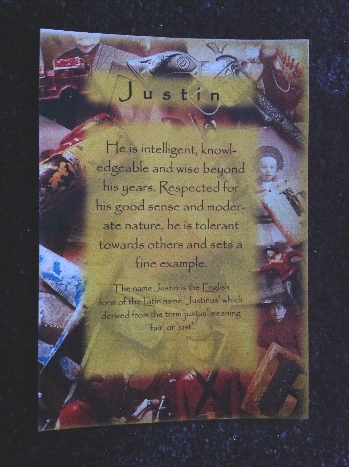 Name sakes postcard - JUSTIN - meaning of name | eBay