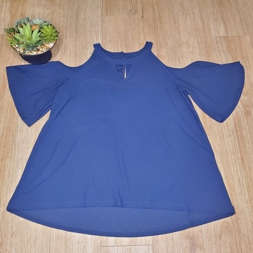 eci Women L Navy Blue Top Wide Straps Cold Shoulder Short Sleeve Shirt ...