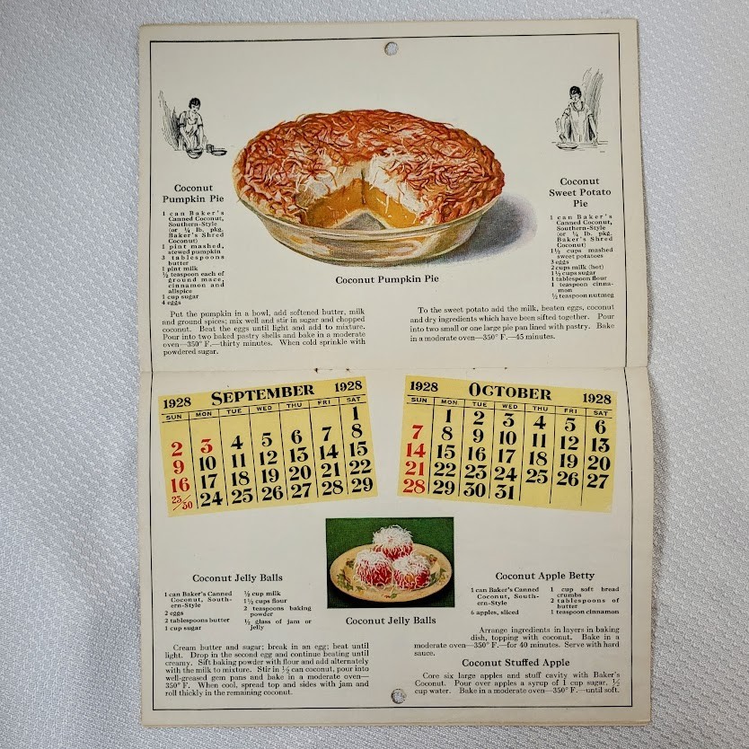 1928 *VINTAGE* Calendar Baker's Coconut Franklin Baker Hoboken NJ ...