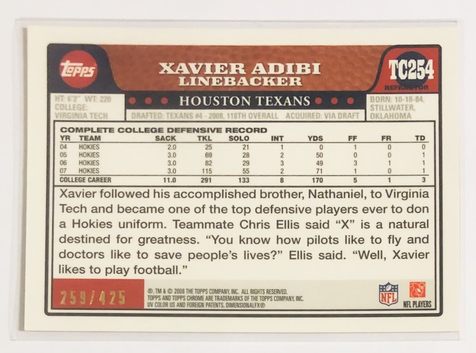 Xavier Adibi 2008 Topps Chrome Copper Refractor RC 259/425 Houston ...