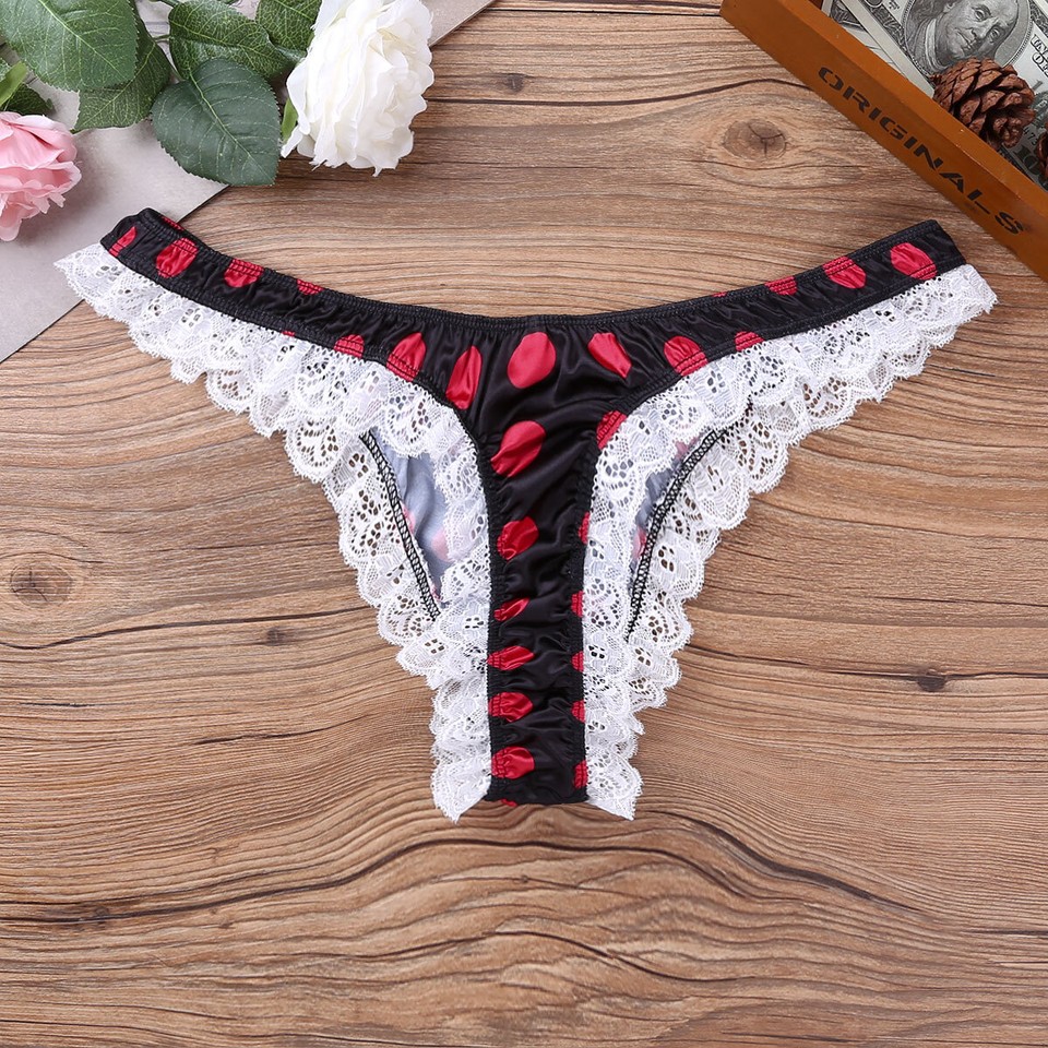 US Men's Shiny Satin Lace Ruffle Polka Dots Bikini G string Thong ...
