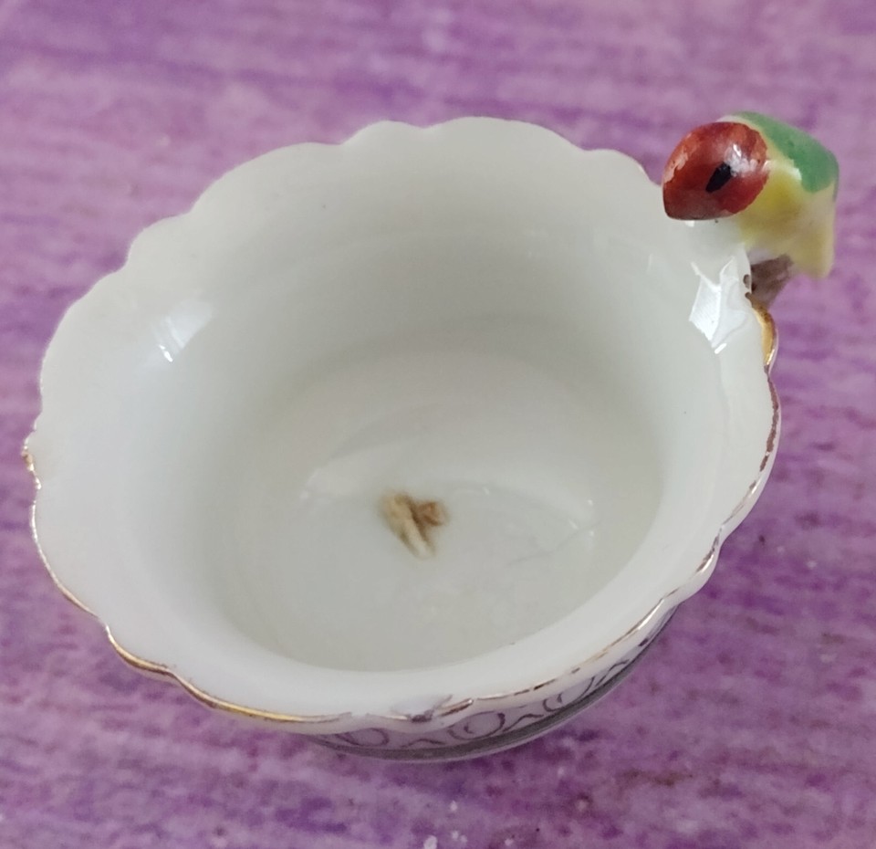 Vintage Miniature Tiny Tea Cup with Parrot Handle White Green Gold Trim ...
