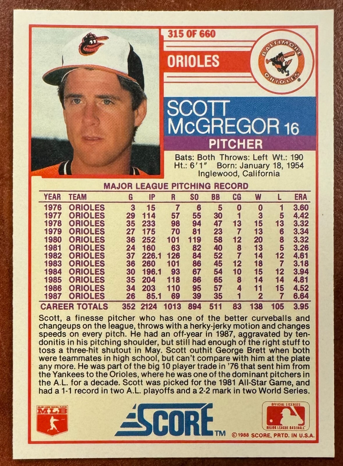 1988 Score - #315 Scott McGregor for sale online | eBay