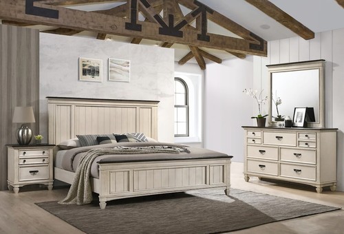 NEW Two-Tone White Queen King 4PC Rustic Bedroom Modern Furniture Set ...
