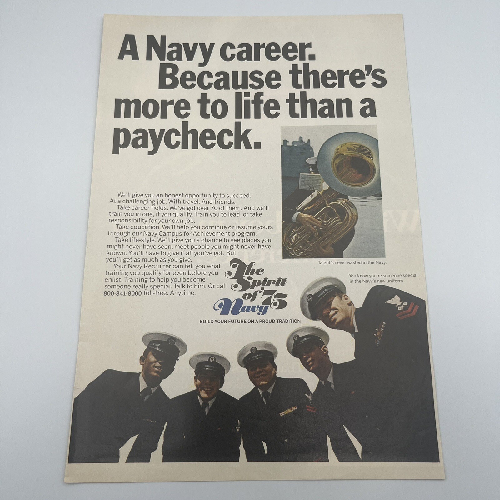 1975 Navy Career Recruiting Vintage Print Ad 7.5"x11" The Spirit of '75 ...
