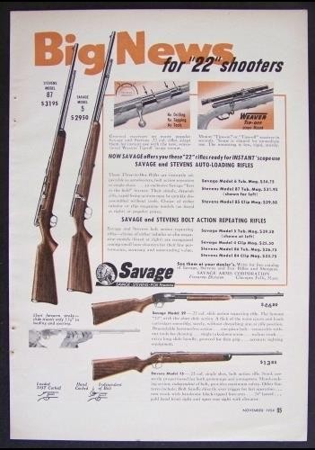 1954 Stevens/Savage .22 Rifle Models 5 - 15 - 29 - 87 Full Page AD | eBay