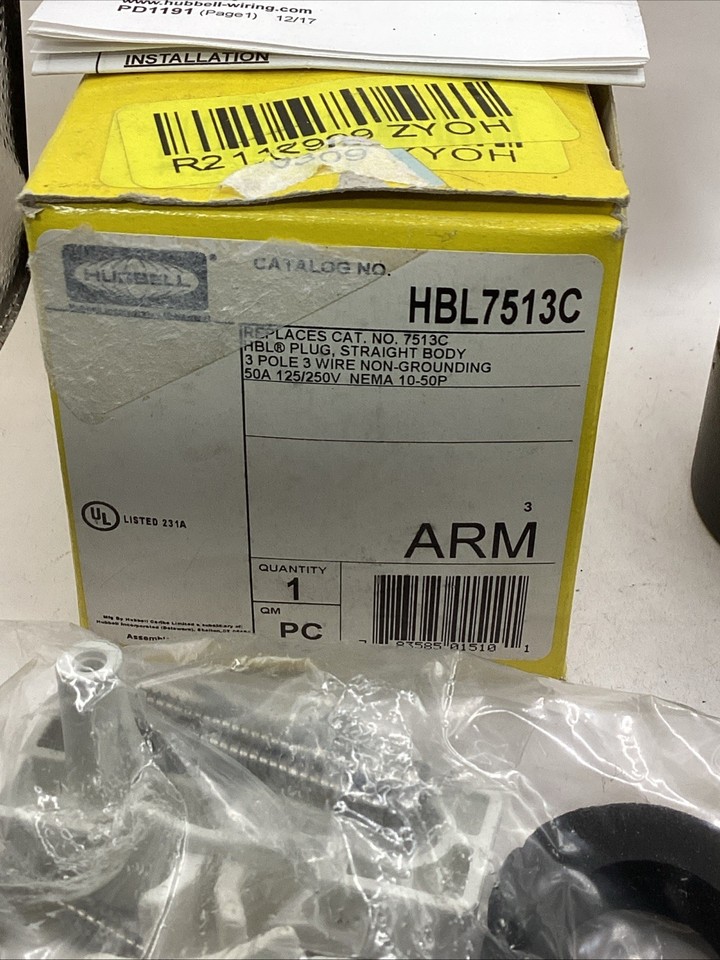 Hubbell HBL7513C Straight Body Plug 3 Pole 3 Wire Non-Grounding 50A 125 ...