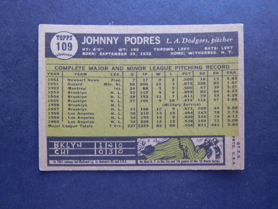 JOHNNY PODRES LOS ANGELES DODGERS 1961 TOPPS CARD #109 | eBay