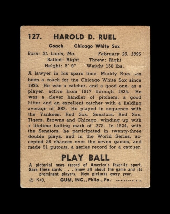 1940 Play Ball Set-Break #127 Muddy Ruel Auto *GMCARDS* | eBay