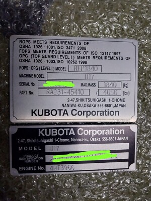 Fit For Kubota U17 & ROPS Meets Aluminum Data Plate Emblem ENGRAVED Set ...