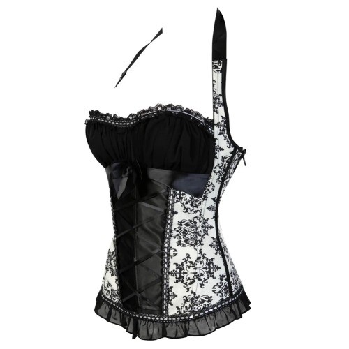 Halter Floral Print Satin Overbust Corset Lace Up Bustier Waist Body ...