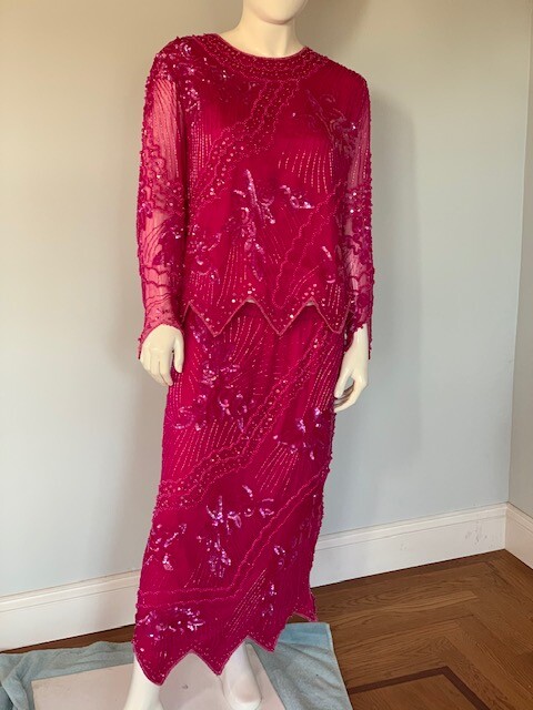 Vintage Hot Pink 100% Silk Beaded Sequined Semi Sheer India Top & Skirt ...