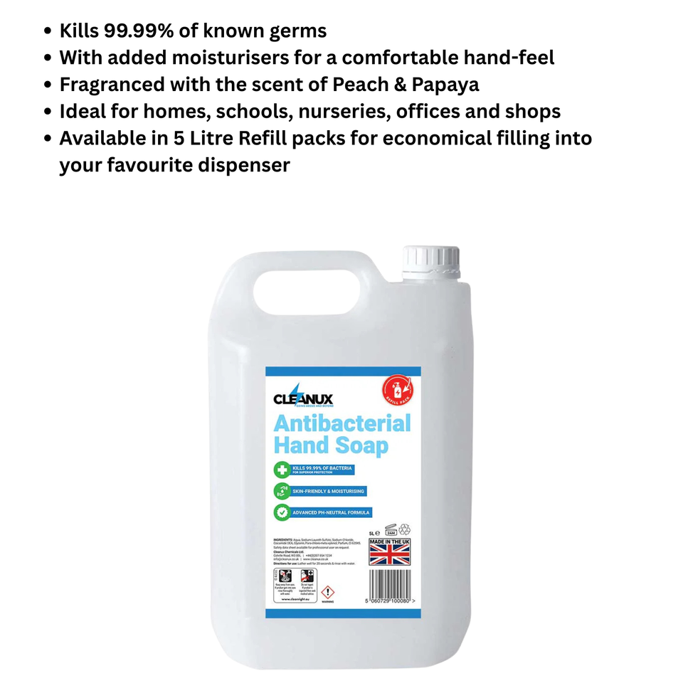 Cleanux Antibacterial Hand Soap 5 litre - Peach Light, Refreshing ...