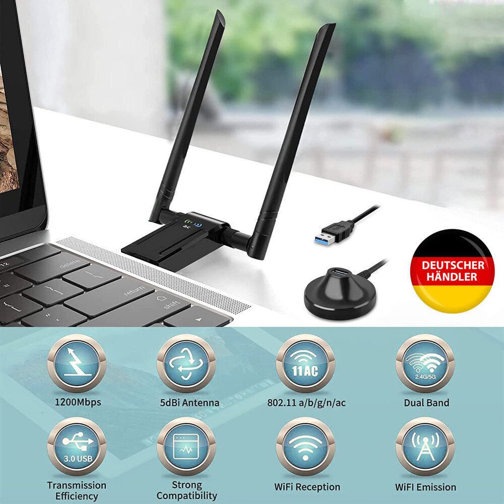 1200 Mbps WLAN Adapter USB 3.0 Stick WiFi Dual 5 GHz Dongle Antenne PC ...