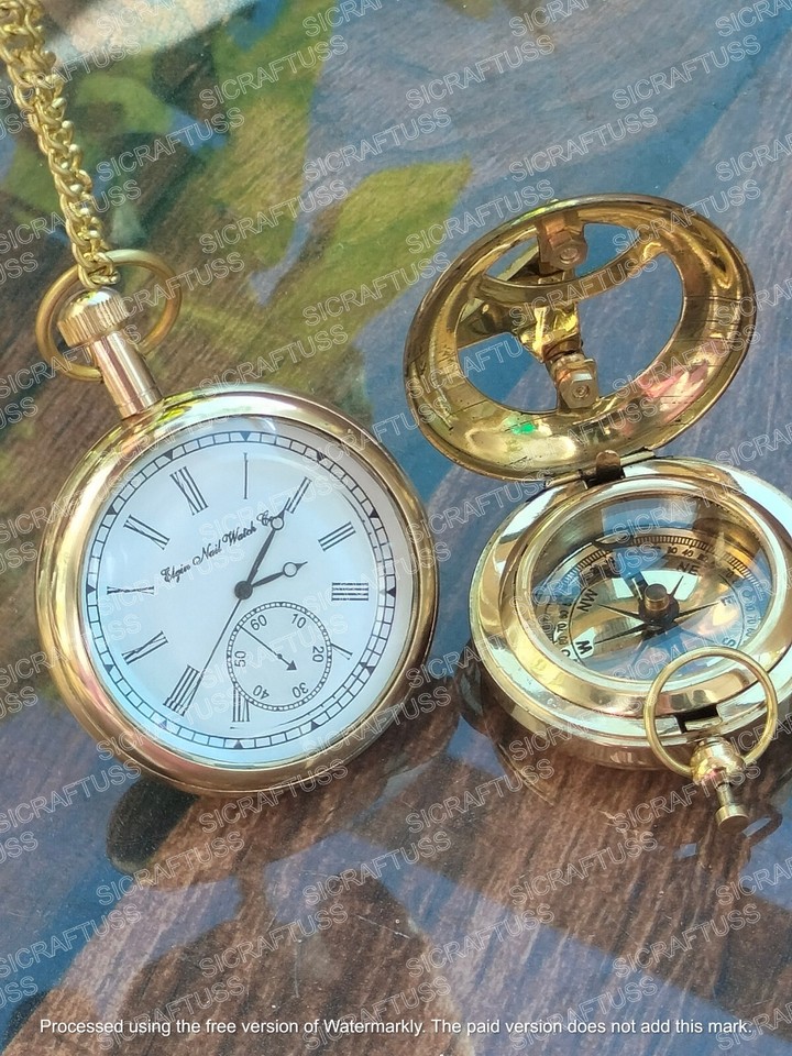 Set of Brass Elgin Pocket Watch & Push Button Sundial Compass Watch. | eBay