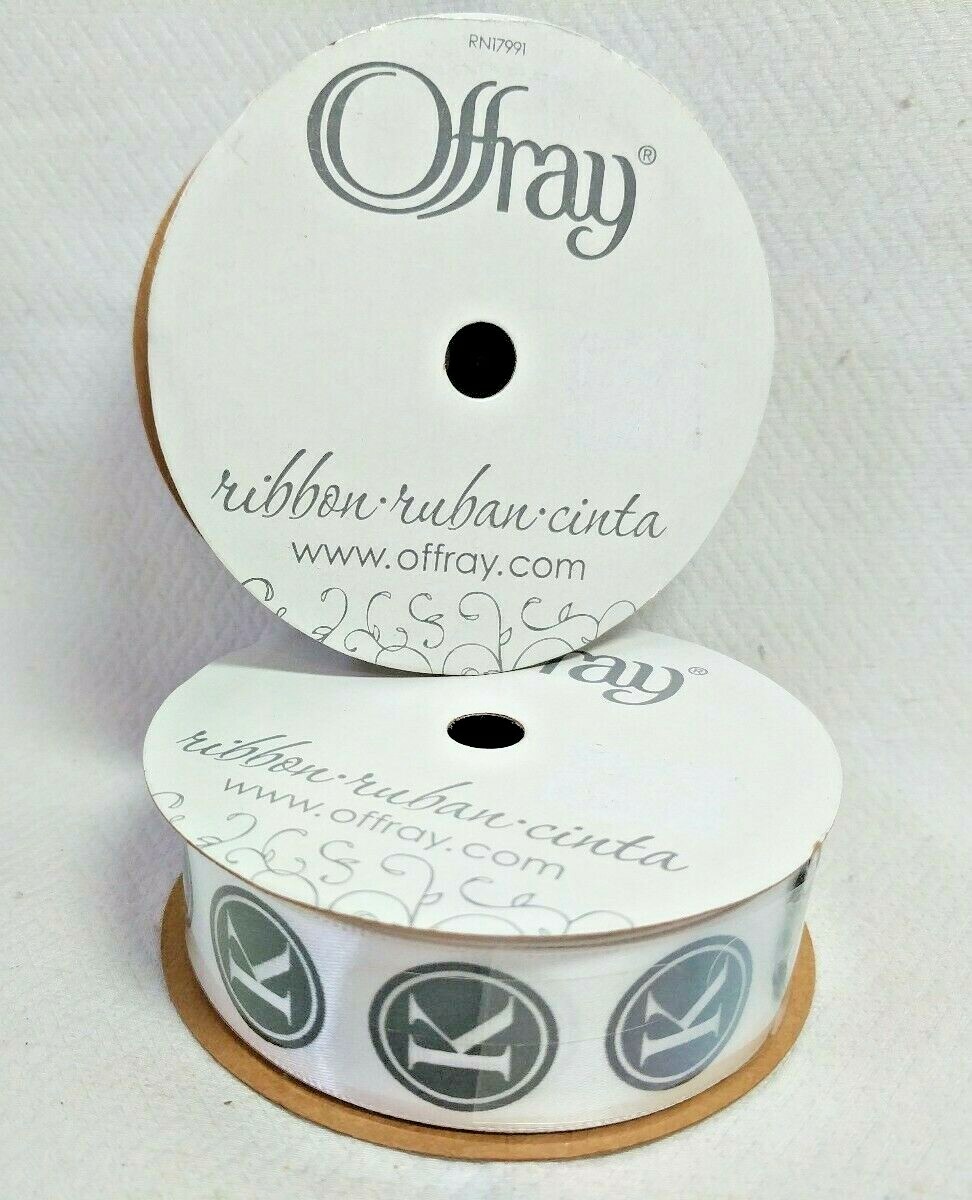2 Spools Berwick Offray Ribbon 7/8” White w/ Black Circle and Initial K ...