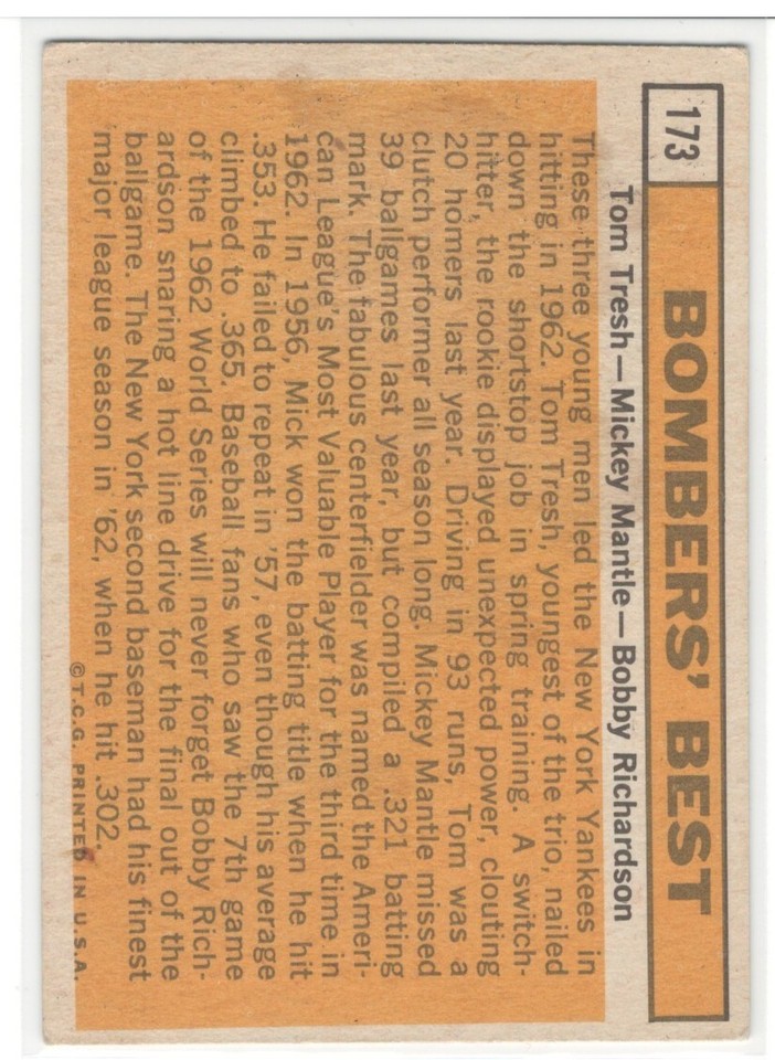 1963 Topps Mickey Mantl Tom Tresh Bobby Richardson Bombers' Best ...