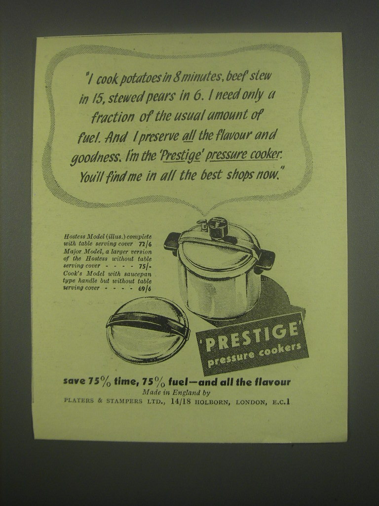 1949 Prestige Pressure Cookers Ad - I cook potatoes in 8 minutes | eBay