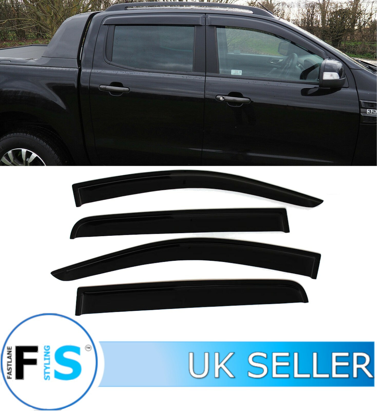 WIND DEFLECTORS SUN VISORS TINTED BLACK FOR FORD RANGER T6, T7 & T8 ...