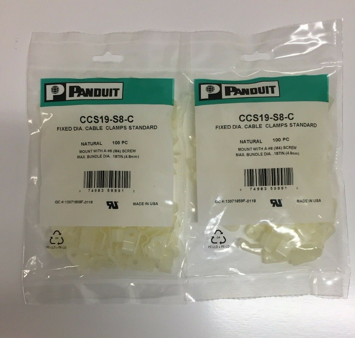 Lot of 200 Panduit CCS19-S8-C Fixed Dia. Cable Clamps Standard Natural ...