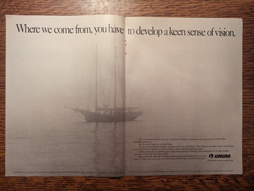 UNUM Maine Insurance Mist Covered Sailing Ship 1988 Vintage Boating ...