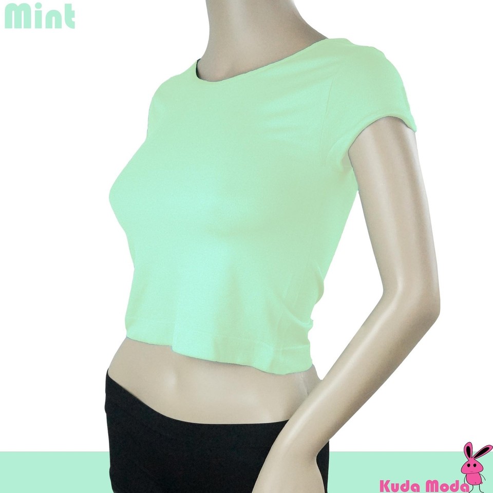 Sexy Basic Cropped Top Solid Plain Round Neck Short Sleeve Belly T ...