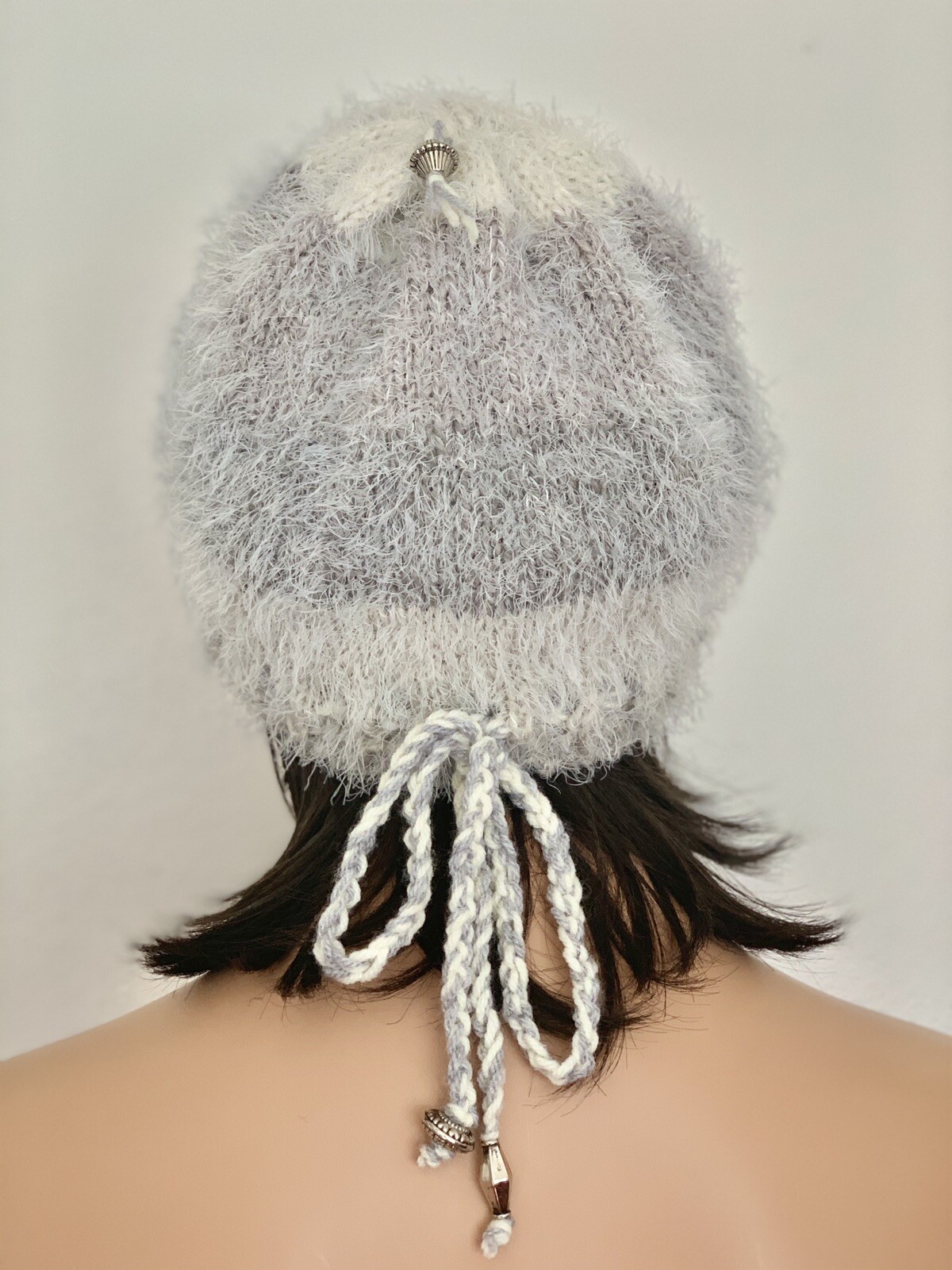 Hand Knits 2 Love Slouch Beanie Hat Cap Misty Silver Beads Mohair Style ...